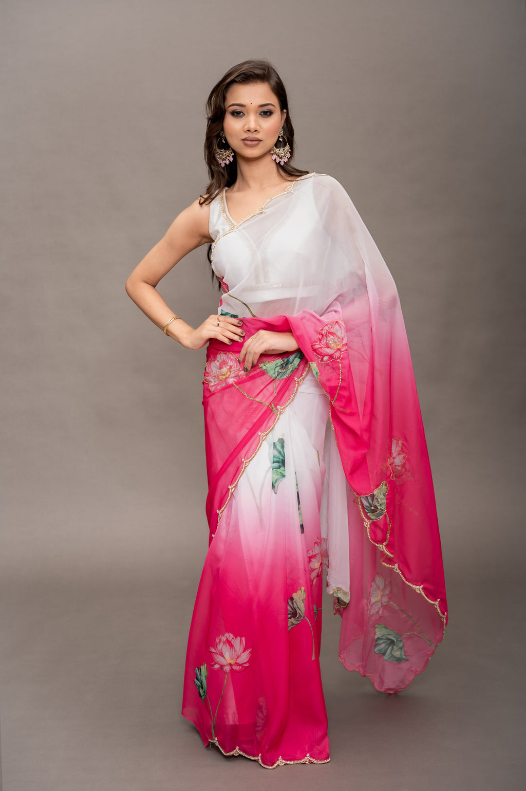 Fuchsia Pink Tebi Twin Silk Saree with Floral Digital Print & Moti Han